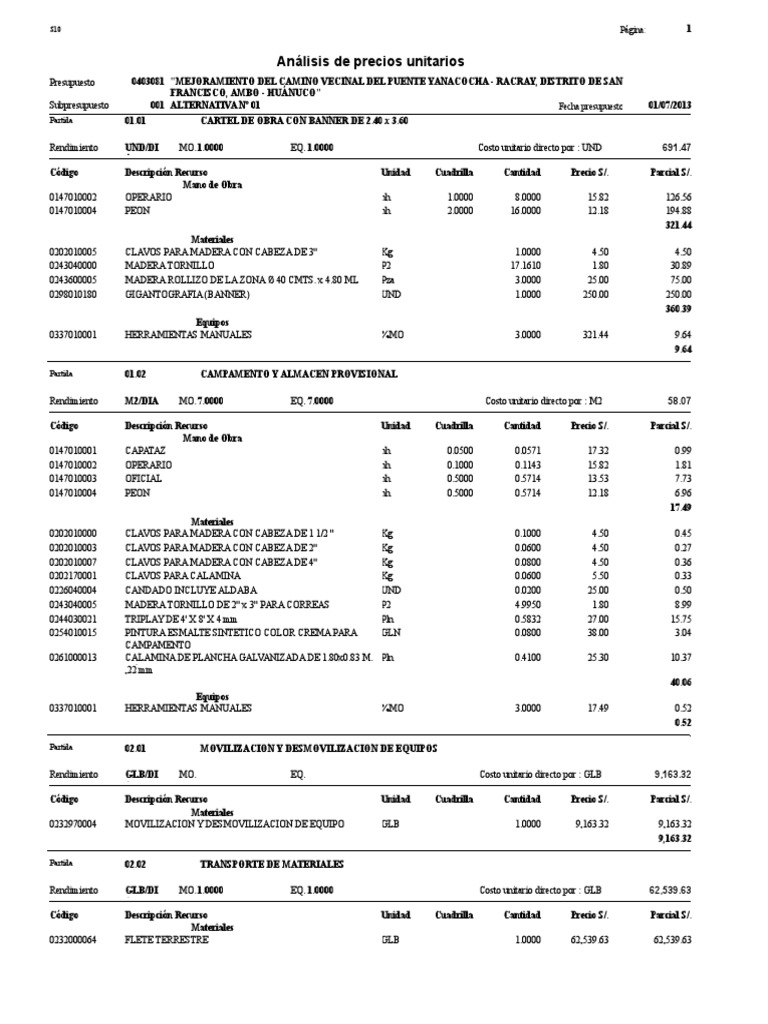 Analisis Costos Unitarios | PDF | Presupuesto | El hombre hace Materiales