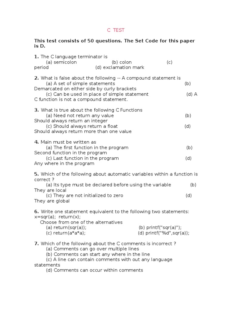 C Test This Test Consists Of 50 Questions The Set Pdf C Programming Language Notation