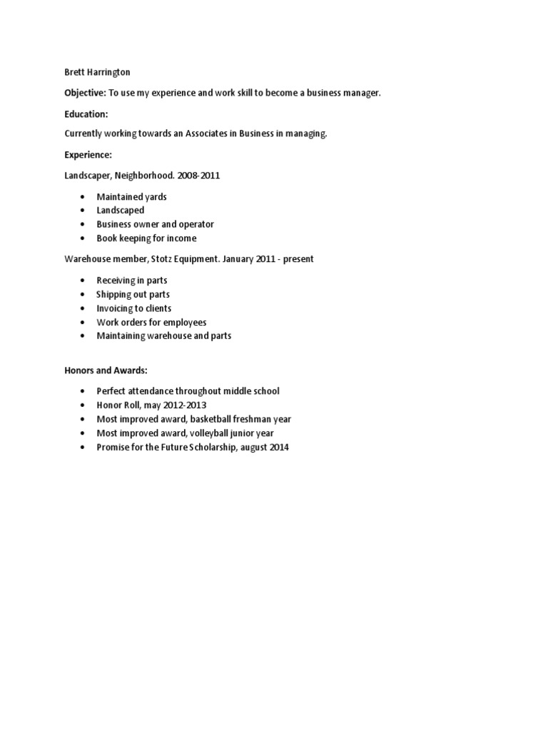 Brett Harrington's Business Management Resume | PDF