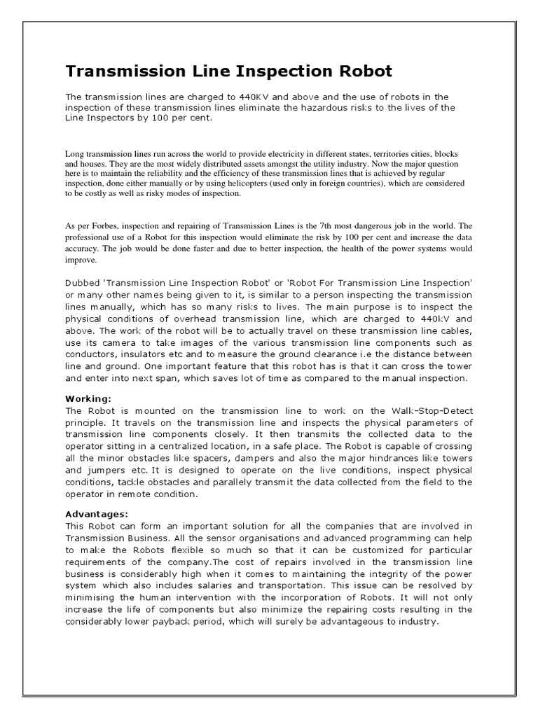 Transmission Line Inspection Robot Benefits | PDF | Transmission ...