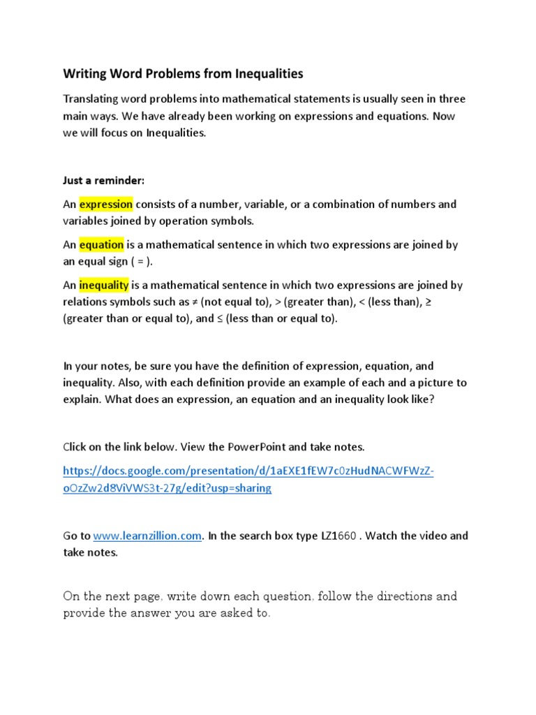 Writing Inequalities from Word Problems | PDF