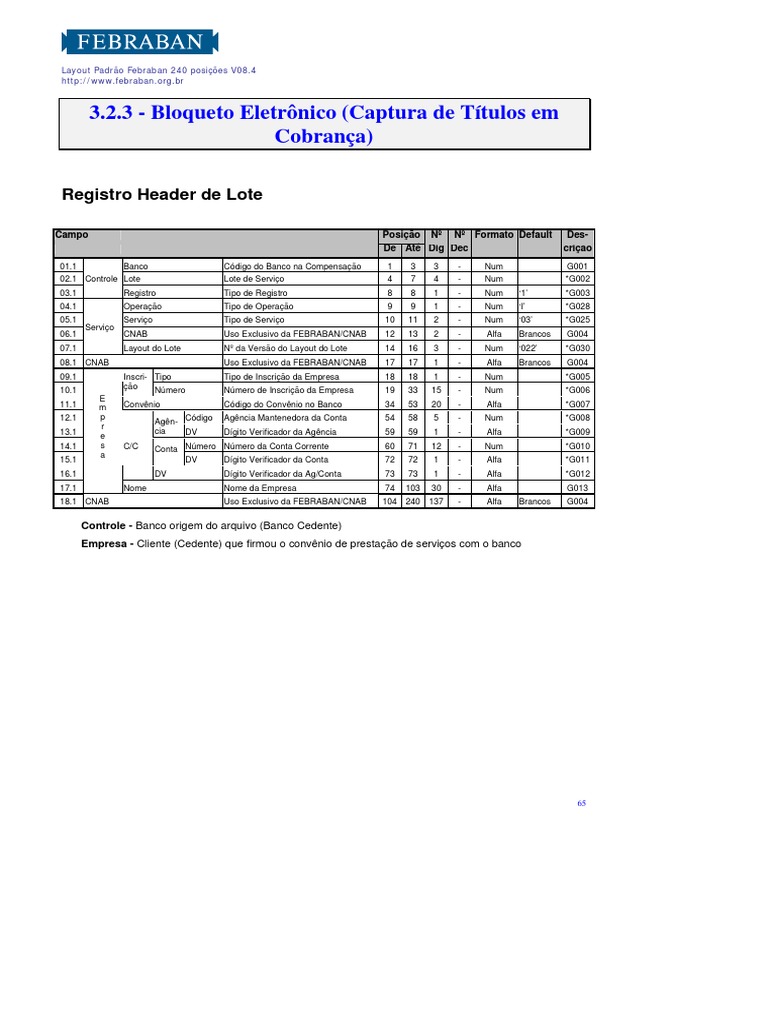 Layout Cnab 240 Dda - Bb 20140716 | Serviços financeiros | Bancos
