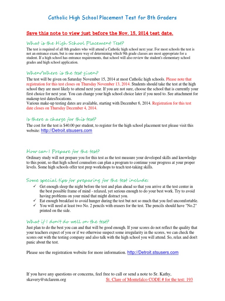 8th Grade Catholic School Test Info | PDF | Secondary School | Test ...