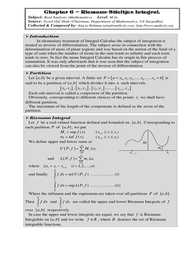 Chapter 6 - Riemann-Stieltjes Integral.: Subject: Level: Source: Collected & Composed by | PDF ...