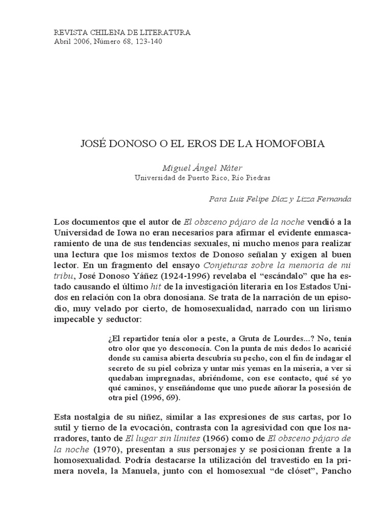 Miguel Ángel Nater - José Donoso o El Eros de La Homofobia | PDF ...