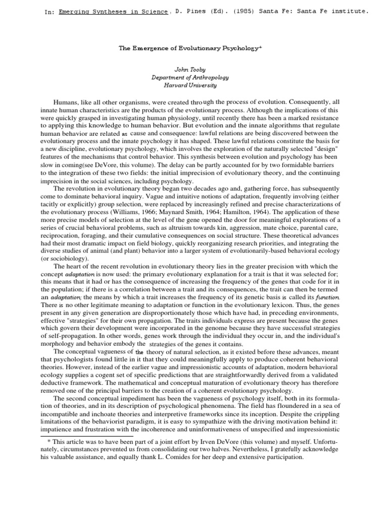 John Tooby Department of Anthropology Harvard University: The Emergence ...