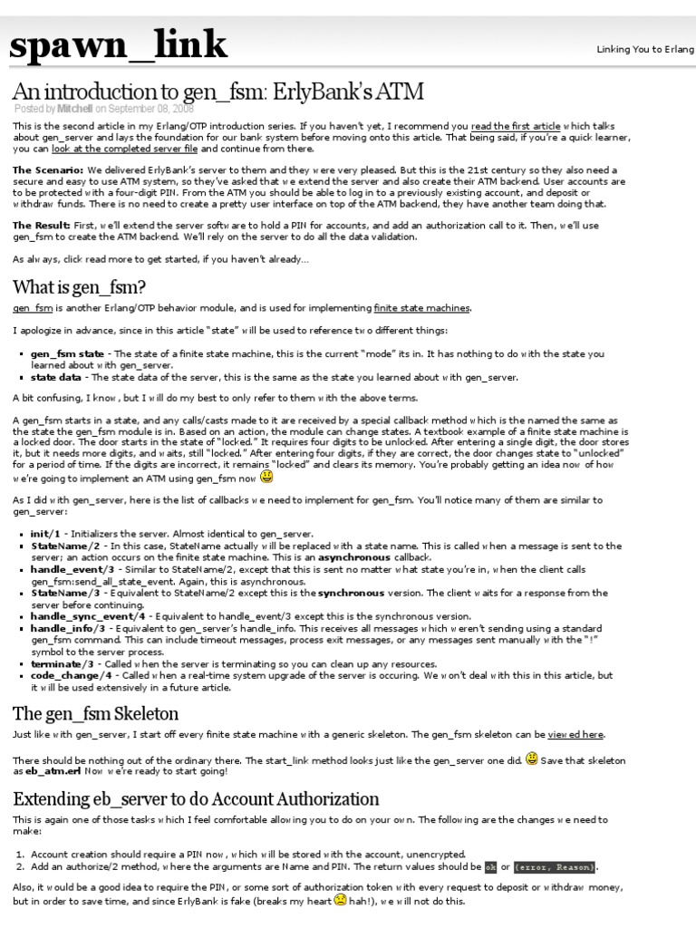 An Introduction To Gen - FSM - ErlyBank's ATM - Spawn - Link | PDF ...