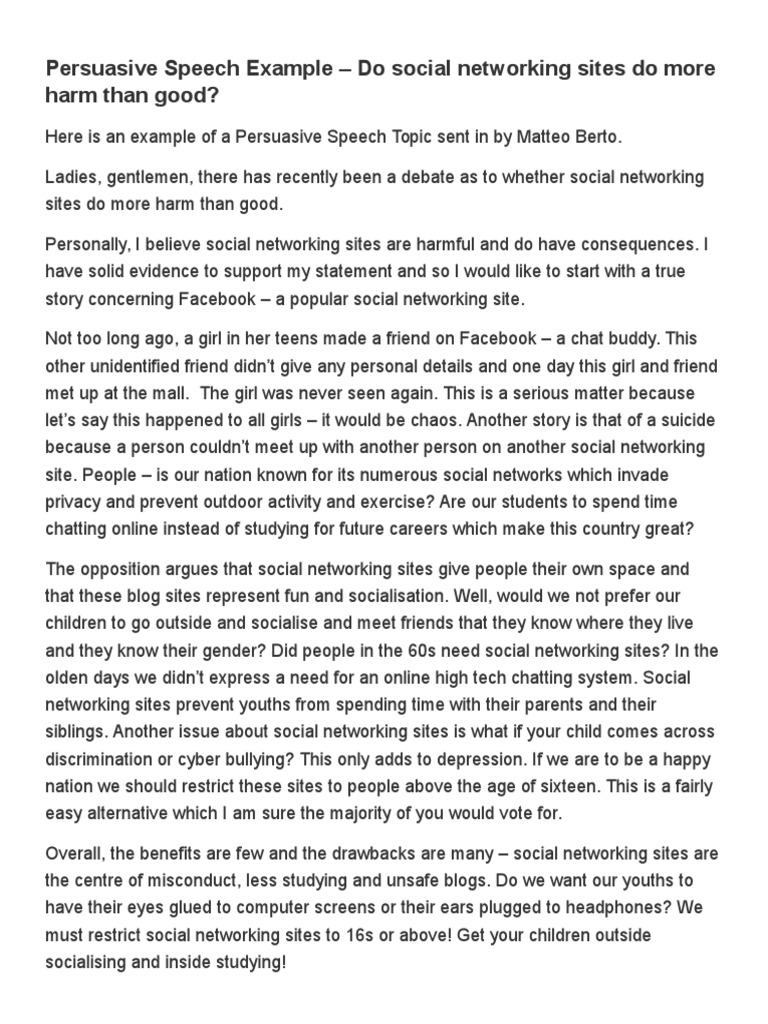Persuasive Speech Example - Do Social Networking Sites Do More Harm ...