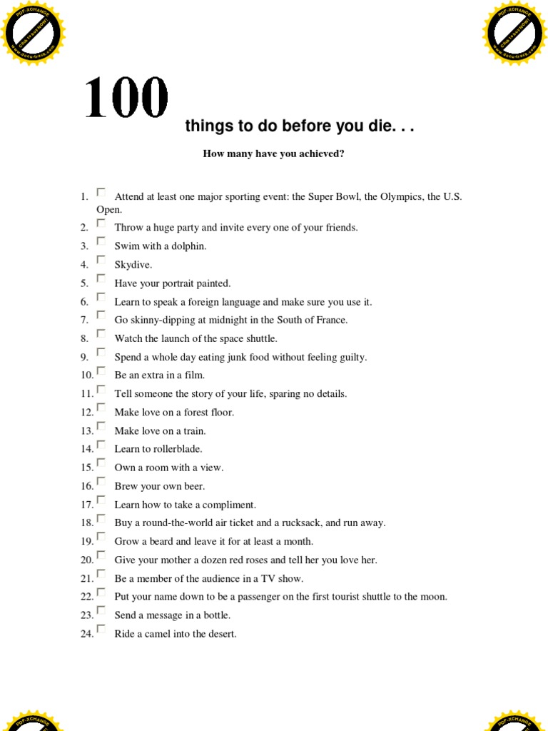 101 Things To Do Before You Die | PDF | Leisure | Nature