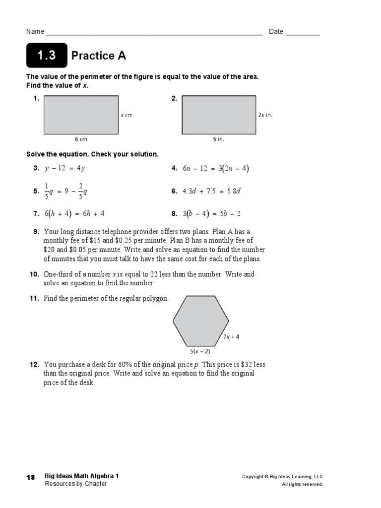 Lesson 1.3 - Practice | Download Free PDF | Equations | Area
