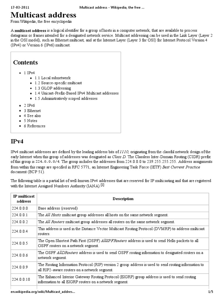 Multicast Address: From Wikipedia, The Free Encyclopedia | PDF | I Pv6 ...