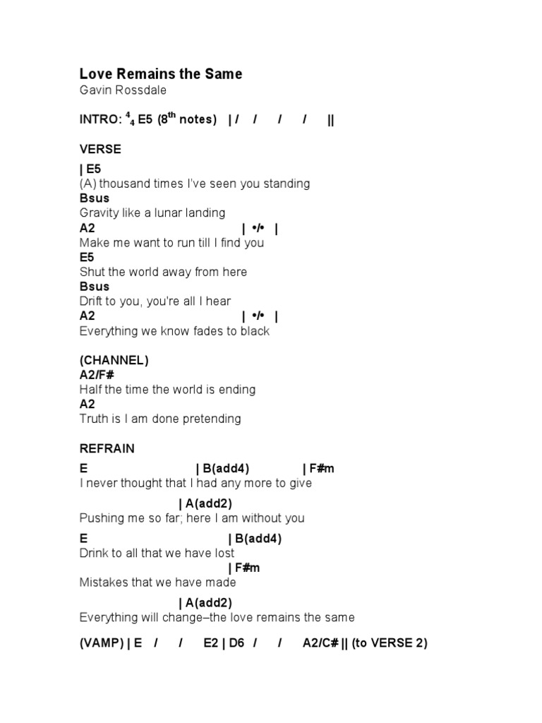Love Remains the Same: Intro: E5 (8 notes) | / / / / || Verse | E5 Bsus ...