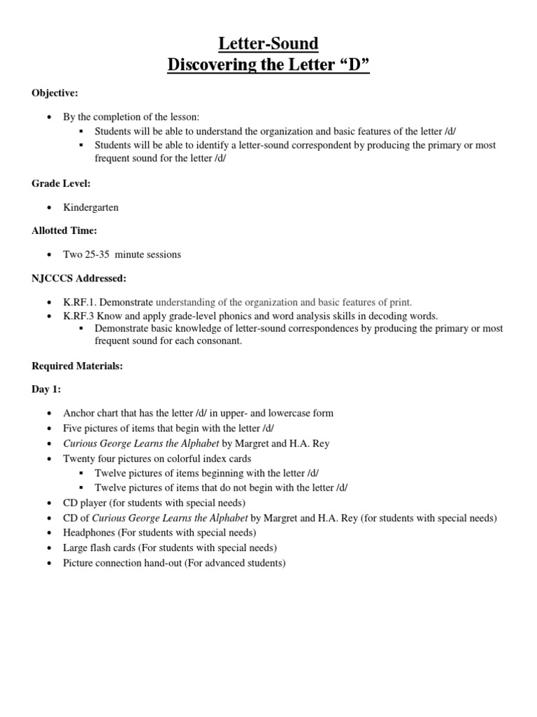 Teaching Letter D: Phonics Lesson Plan | PDF | Special Education | Phonics
