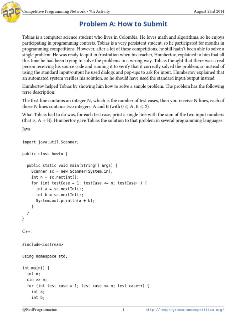 Problem A: How To Submit: Competitive Programming Network - 7th Activity August 23rd 2014 | PDF ...