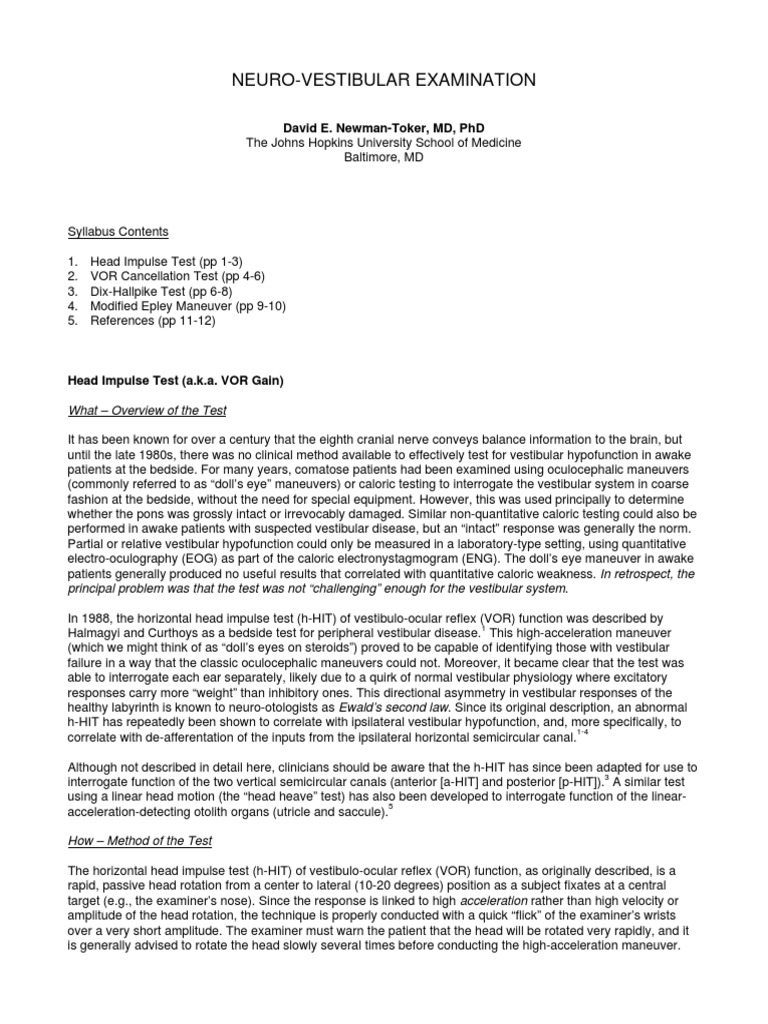 Neuro-Vestibular Exam Guide | PDF | Vertigo | Vestibular System
