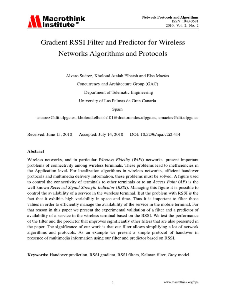 Gradient RSSI Filter and Predictor For Wireless Networks Algorithms and ...