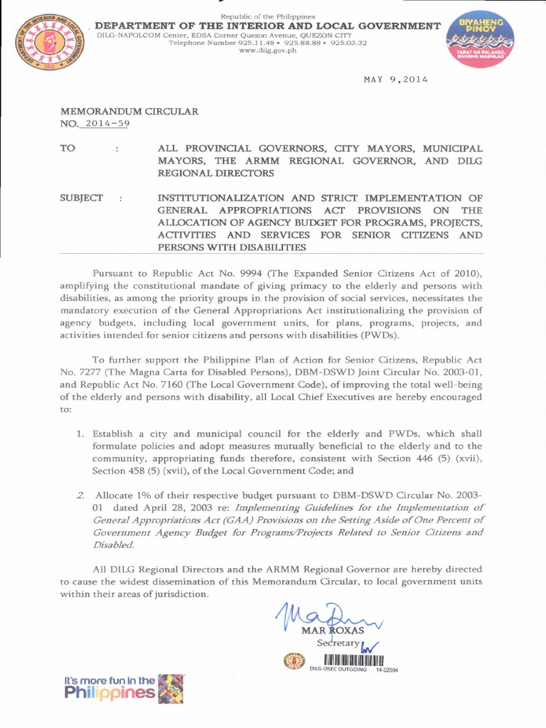 Dilg-Memo Circular-2014 59 Gaa Pwdandsc | PDF Dilg-Memo Circular-2014 59 Gaa Pwdandsc | PDF