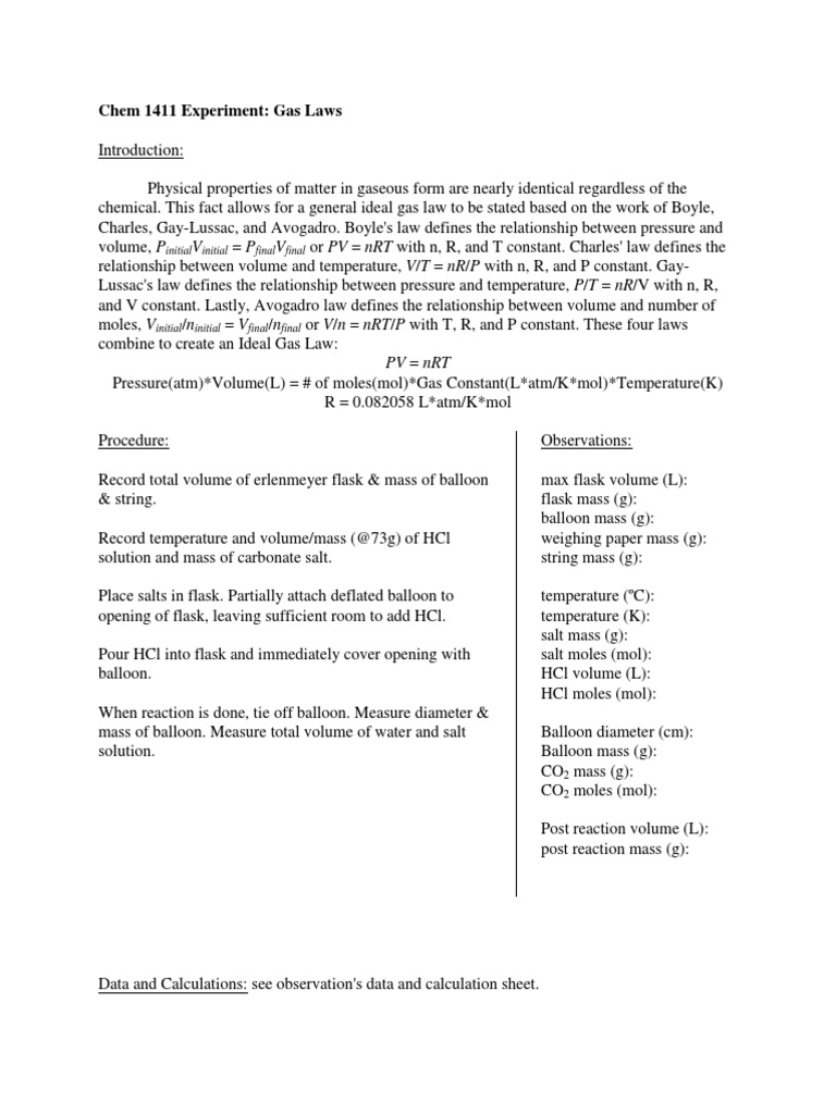 Chem 1411 Experiment: Gas Laws: Initial Initial Final Final | PDF ...