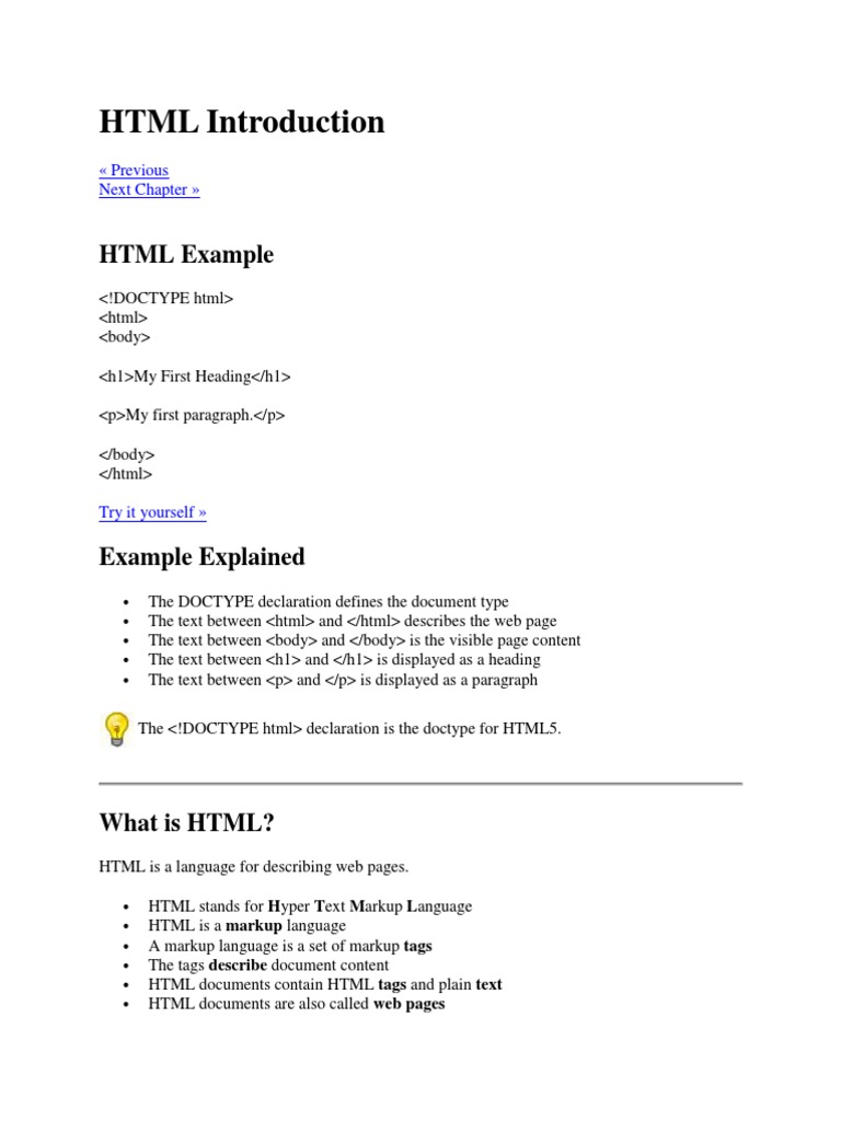 Introduction To HTML (W3school) | PDF | Html Element | Html