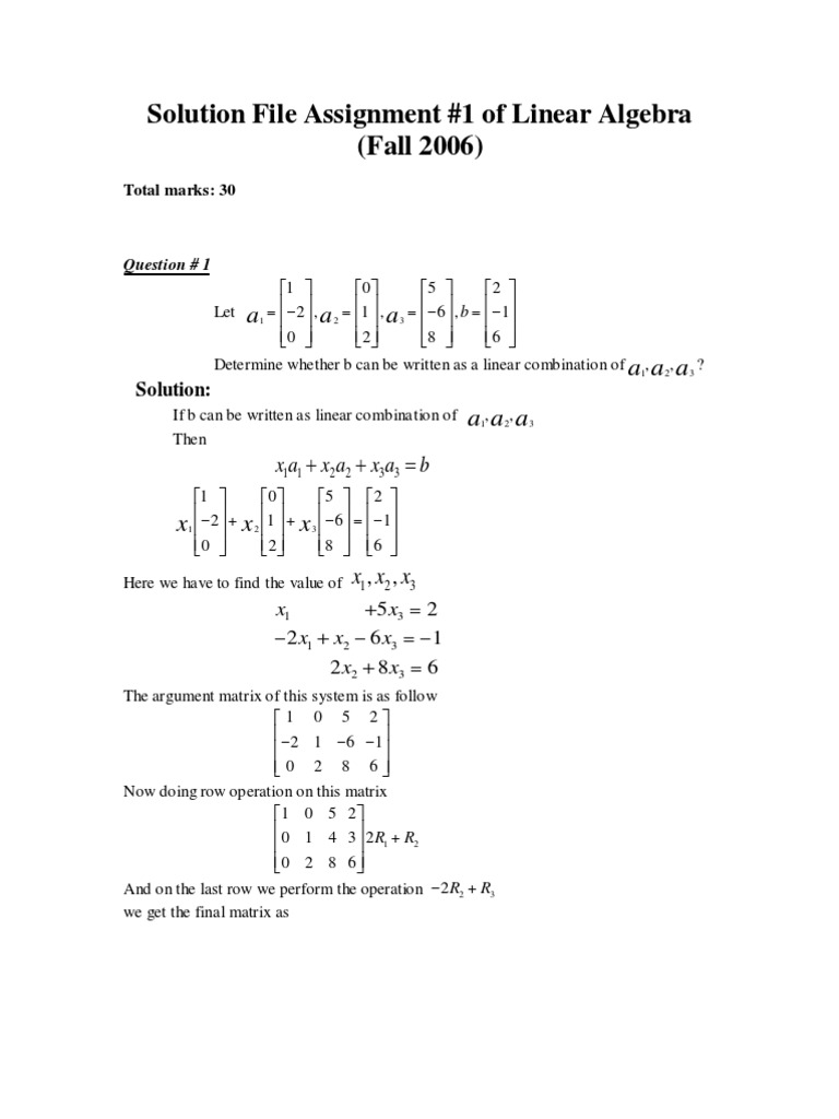 Linear Algebra Solved Assignments Fall 2006 Semester Pdf