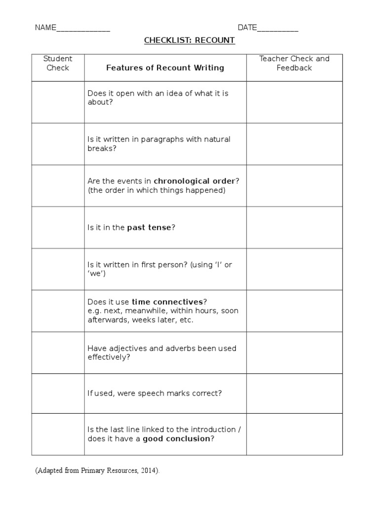 Recount Writing Checklist | PDF | Linguistics | Syntactic Relationships