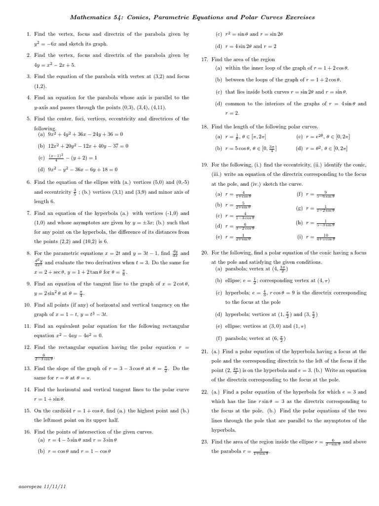 Mathematics 54: Conics, Parametric Equations and Polar Curves Exercises ...