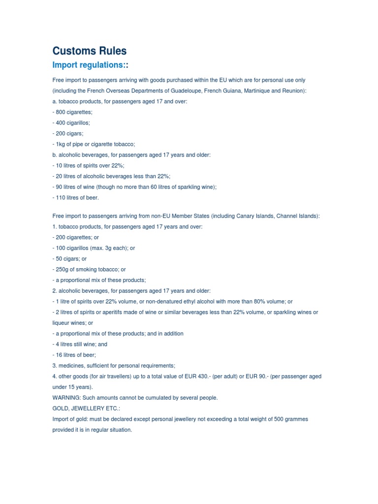 Customs Rules: Import Regulations | PDF | Distilled Beverages | Drink