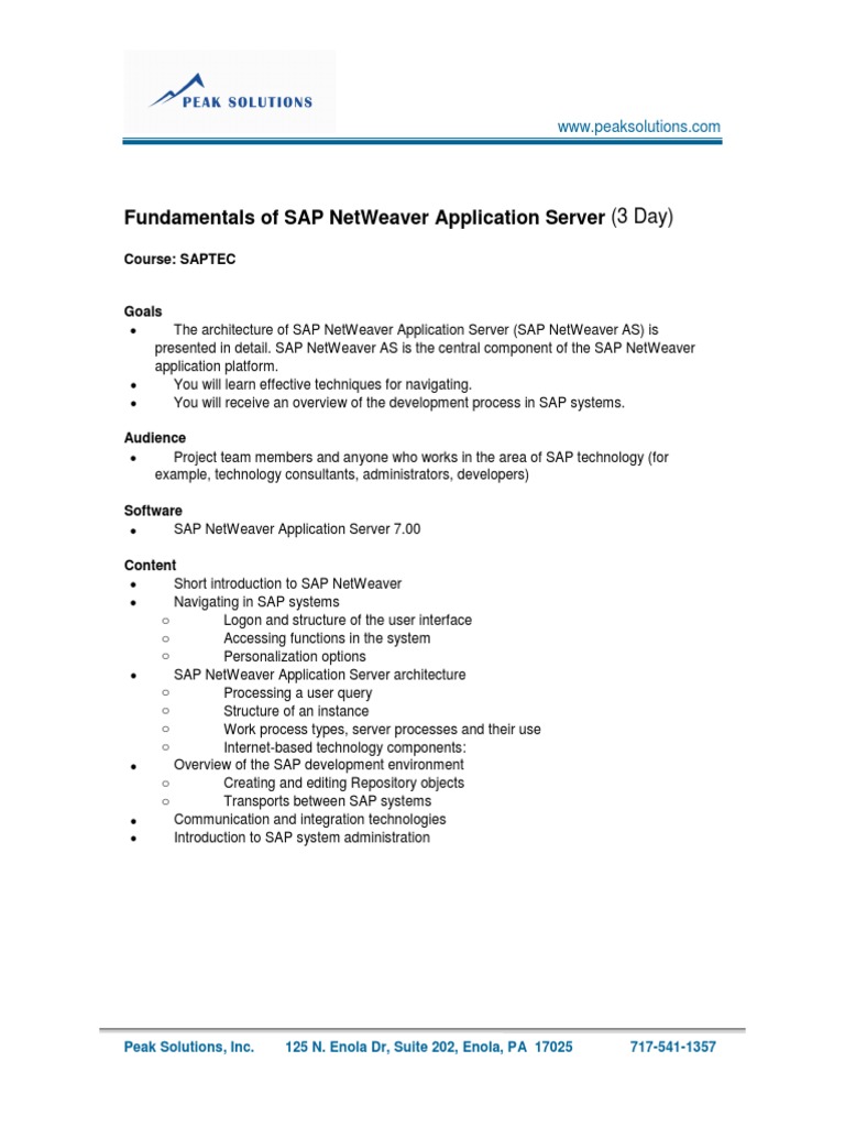 Fundamentals of Sap Netweaver Application Server (3 Day) : Course ...
