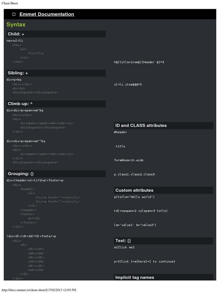 Emmet Cheat Sheet | PDF | Xhtml | World Wide Web Consortium Standards