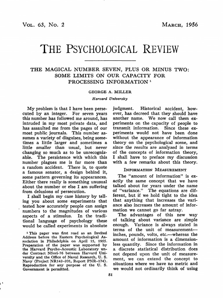 Miller 1956 The Magical Number Seven, Plus or Minus Two | PDF | Pitch ...