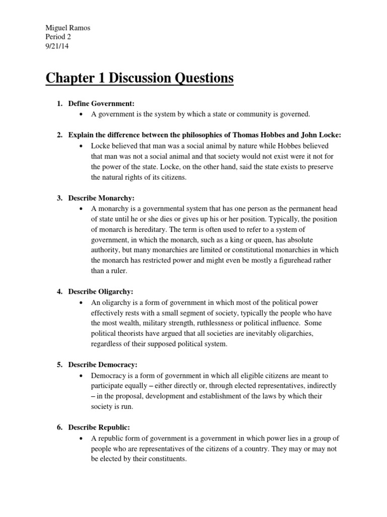 Chapter 1 Discussion Questions: 1. Define Government | PDF | Monarchy ...