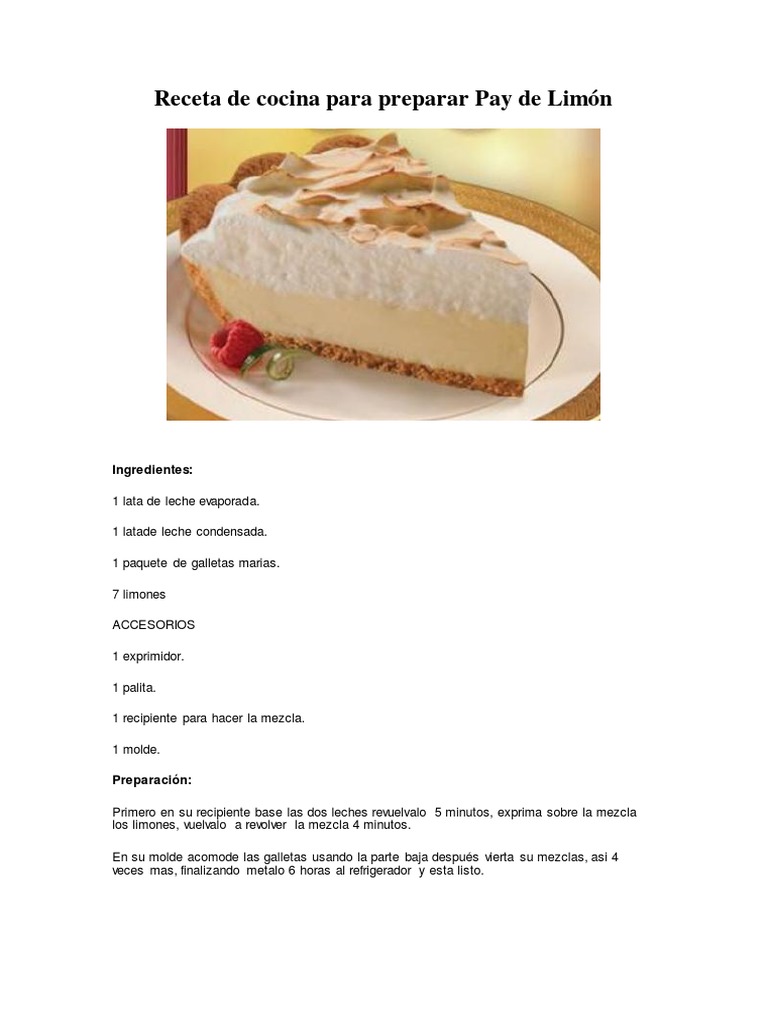 Receta de Cocina para Preparar Pay de Limón | PDF | Cocina ...