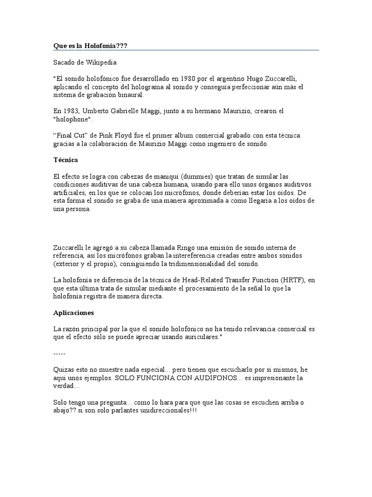 Holofonía: Sonido 3D Innovador | PDF | Electrónica de audio | Grabación