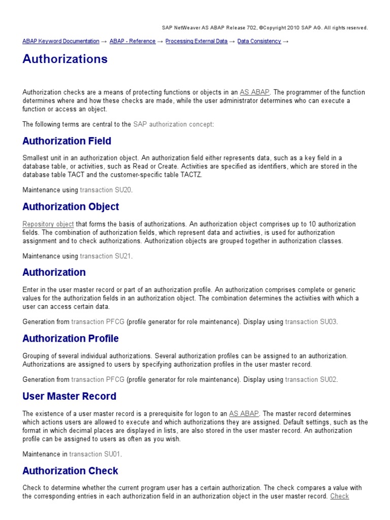Authorizations: Authorization Field | PDF | Database Transaction | Data