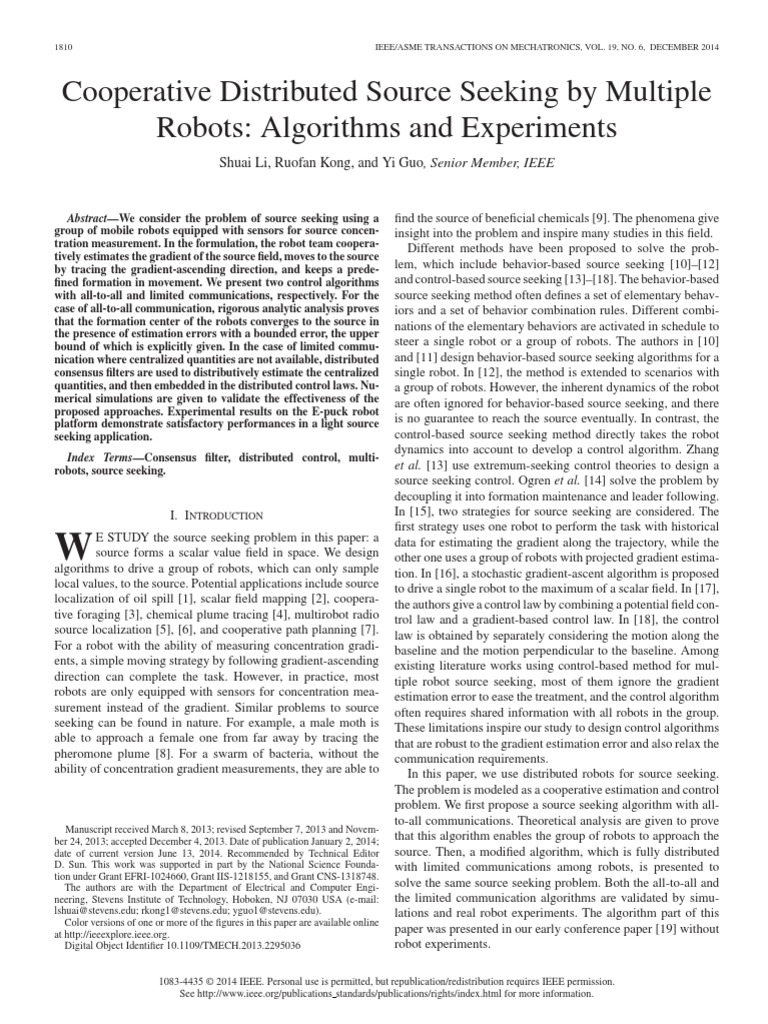Cooperative Distributed Source Seeking By Multiple Robots Algorithms And Experiments Pdf