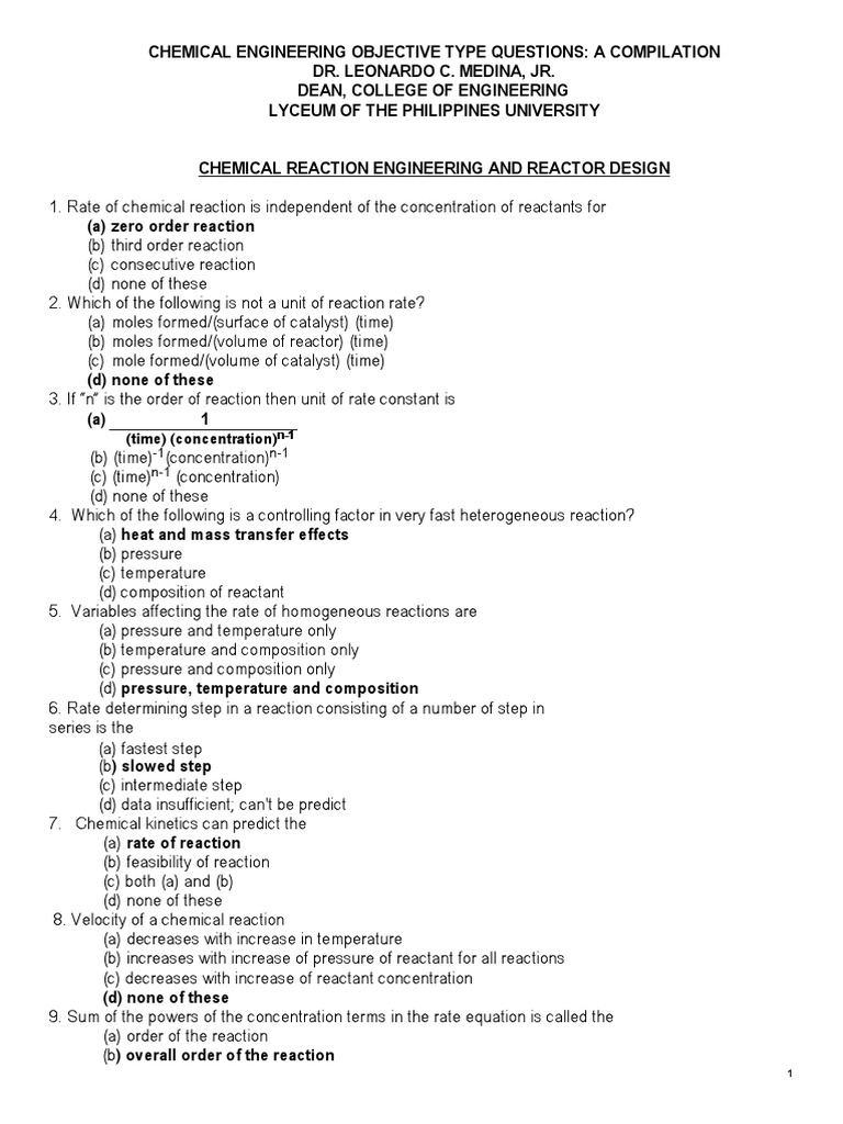 ChE Objective Type Questions Compilation - Dean Medina | PDF | Combustion | Chemical Reactor