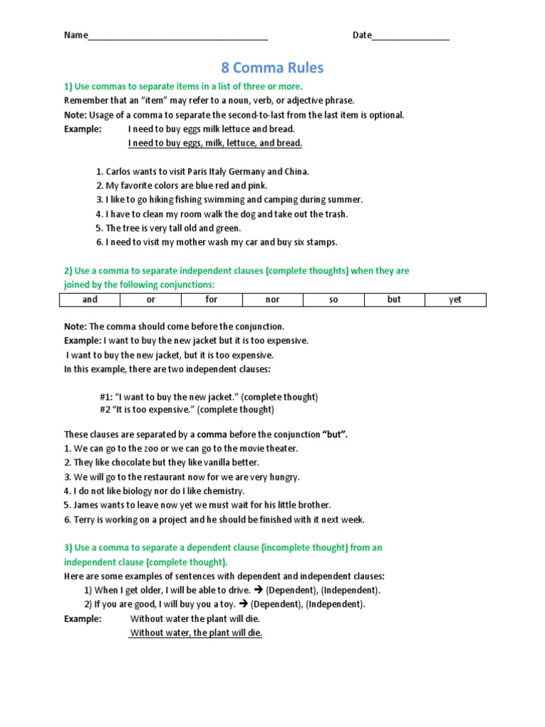 8 Comma Rules: Example | PDF | Comma | Sentence (Linguistics)