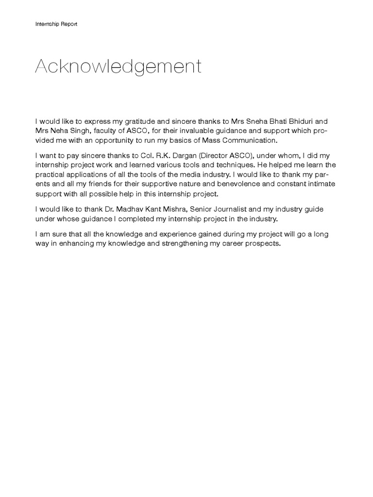 Acknowledgement: Internship Report | PDF
