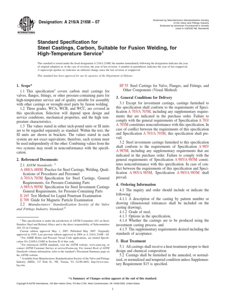 Astm A216 - 07 | PDF | Heat Treating | Casting (Metalworking)
