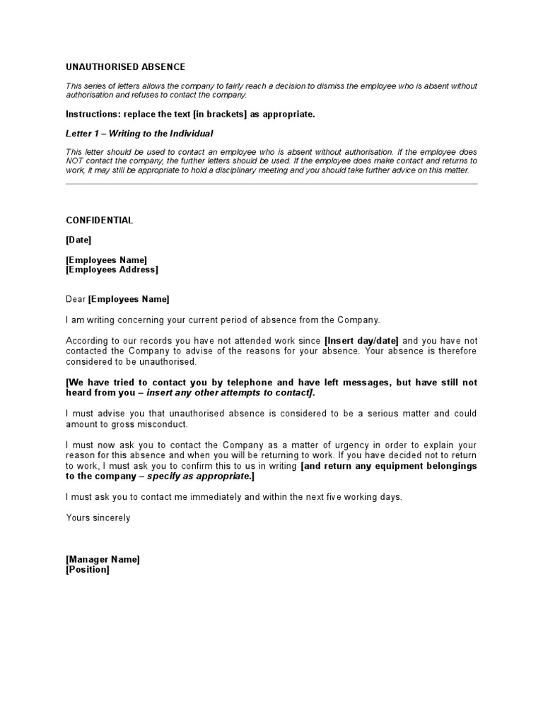 Unauthorised Absence Letters X 5 | PDF | Social Institutions | Social ...