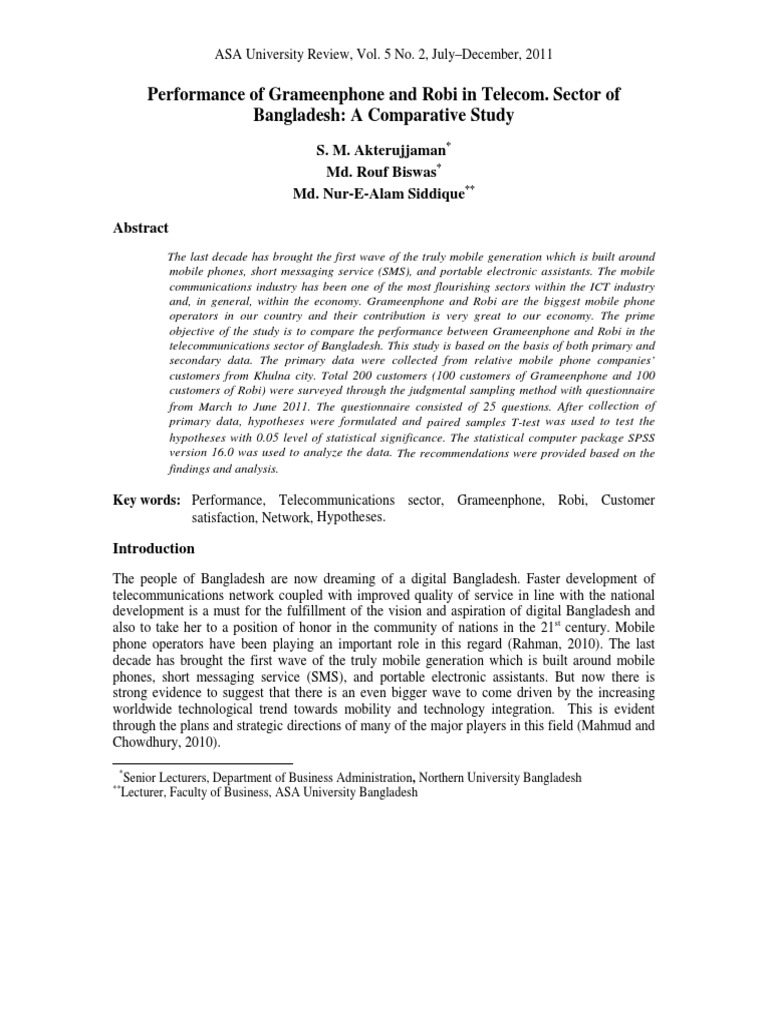 Performance of Grameenphone and Robi in Telecom. Sector of Bangladesh ...