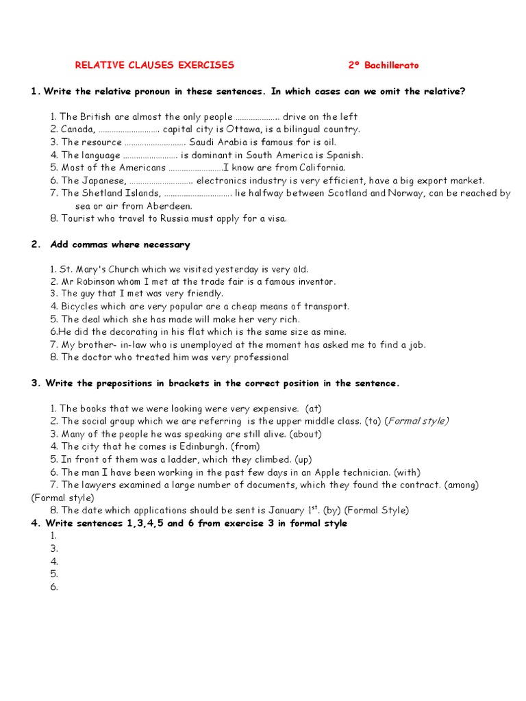 Relative Clauses Exercises 2º Bachillerato (1)-1 | PDF | Ellipsis | Language Mechanics