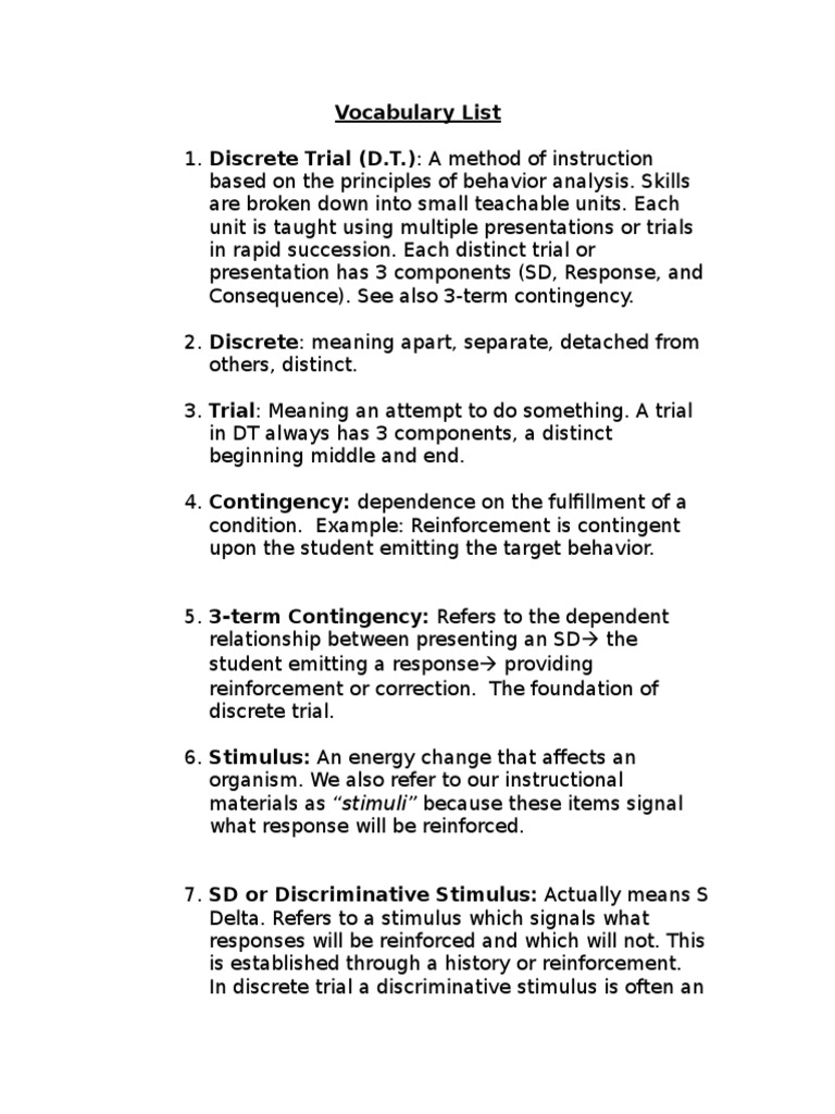 Discrete Trial Vocabulary | PDF | Reinforcement | Semiotics