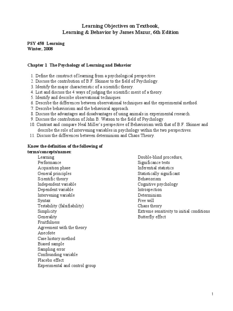 Learning Objectives On Textbook, Learning & Behavior by James Mazur ...