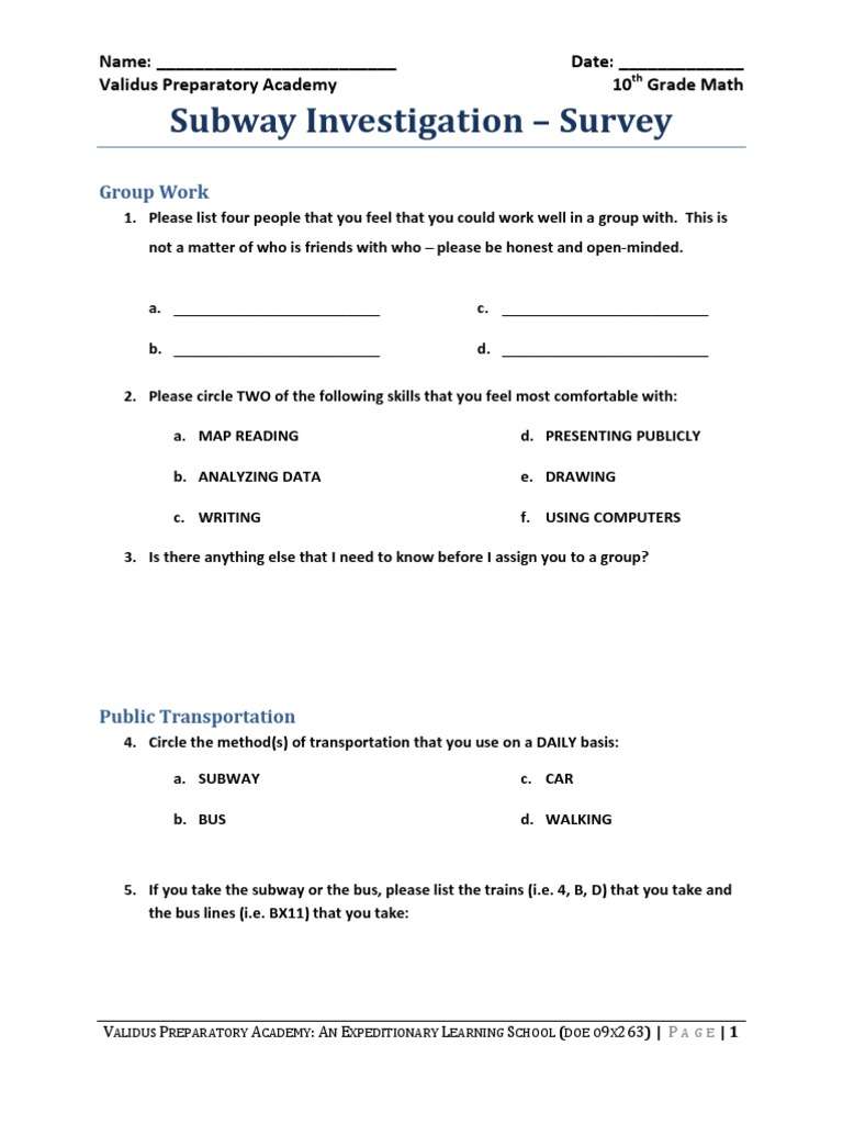 Subway Survey for Student Commutes | PDF