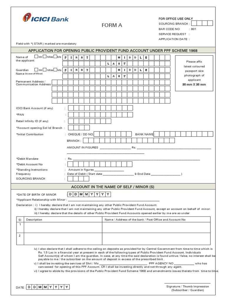 Form A: Application For Opening Public Provident Fund Account Under PPF ...