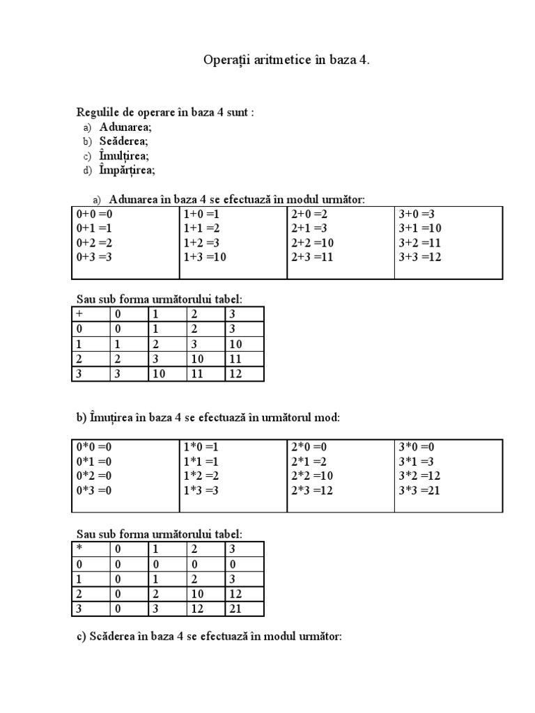 Operaţîi aritmetice în baza 4