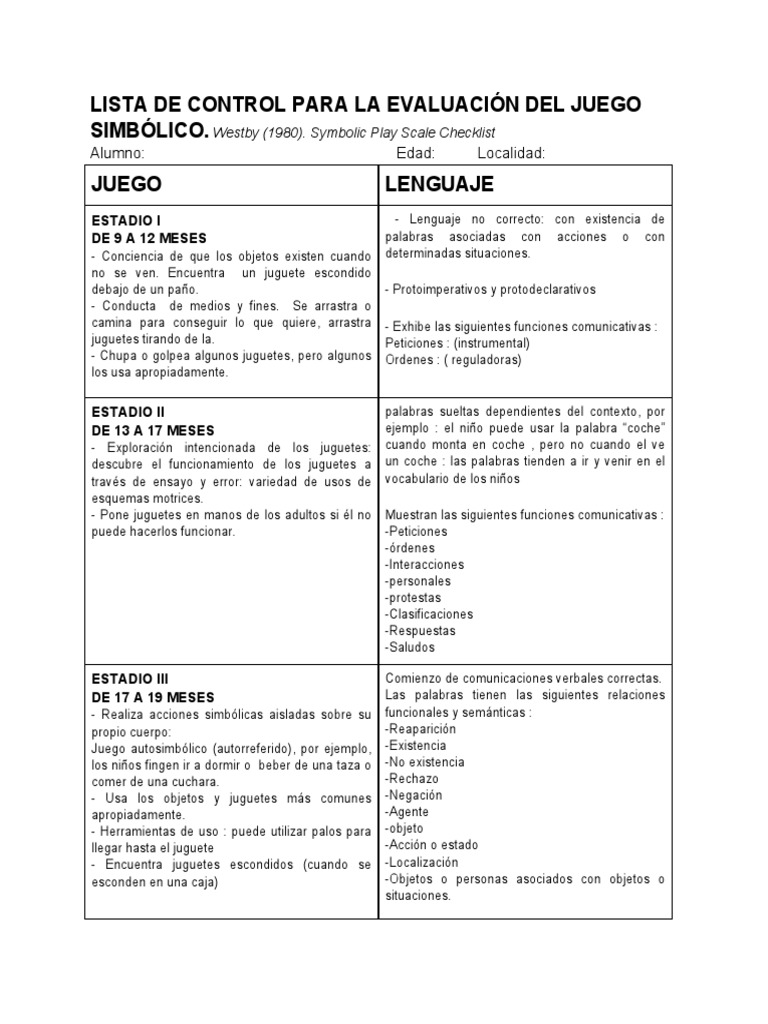 Lista Evaluacion Juego Simbolico | PDF | Juguetes | Verbo