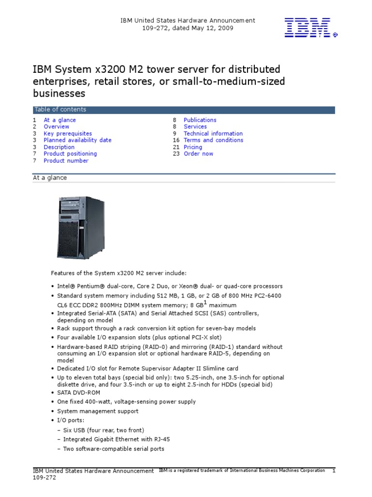 System X3200 M2 Specifications | PDF | Operating System | Hard Disk Drive