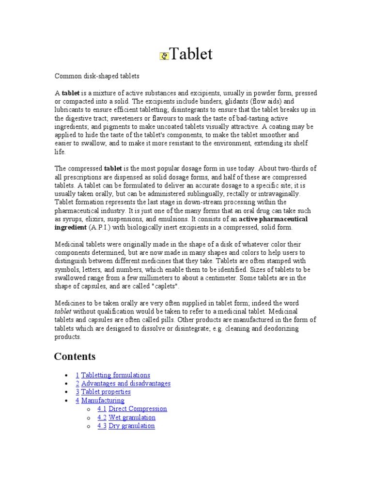 Common Disk-Shaped Tablets A Tablet Is A Mixture of Active | PDF ...
